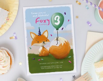 Woodand Animals Fox Birthday Invitation Template Editable - Etsy