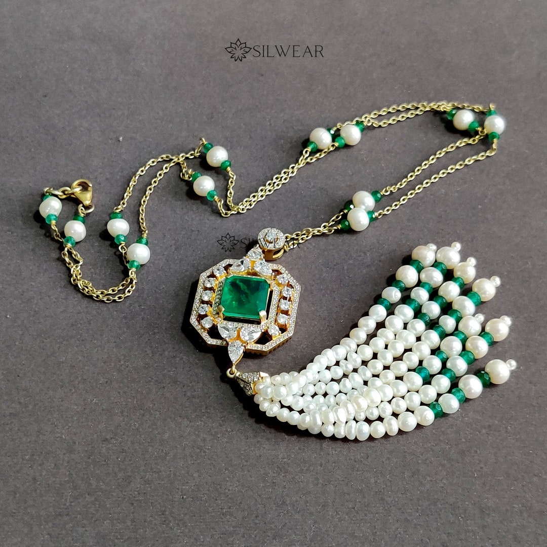 Emerald Doublet Tassel Necklace With Zirconia Diamonds - Etsy