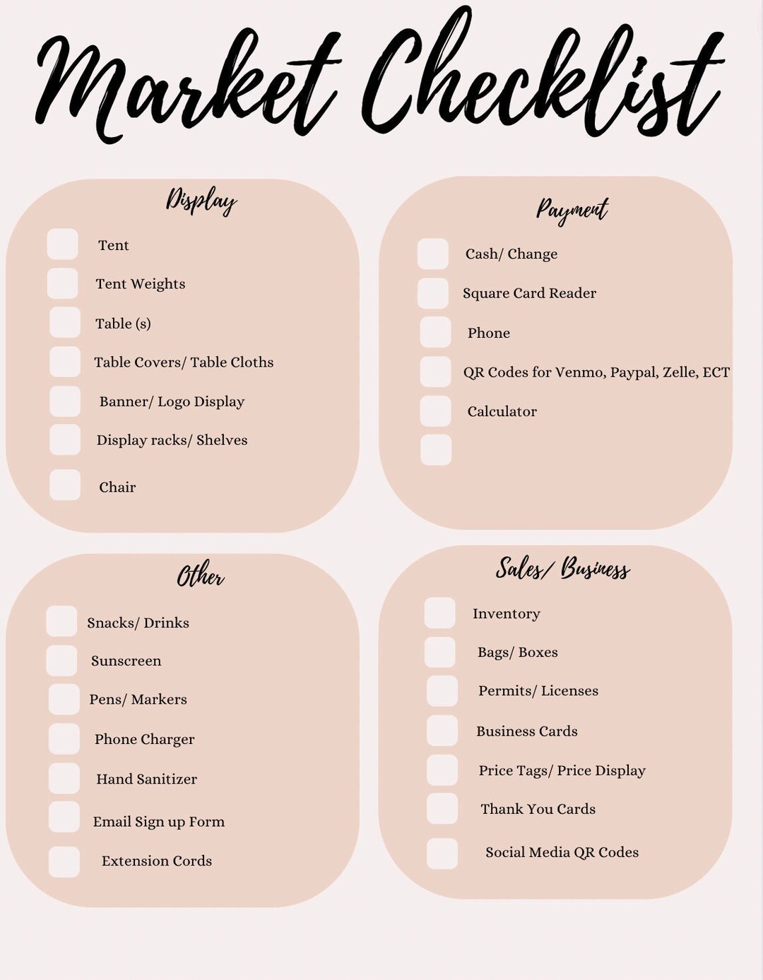 Market and Craft Fair Checklist, Editable and Customizable Checklist ...