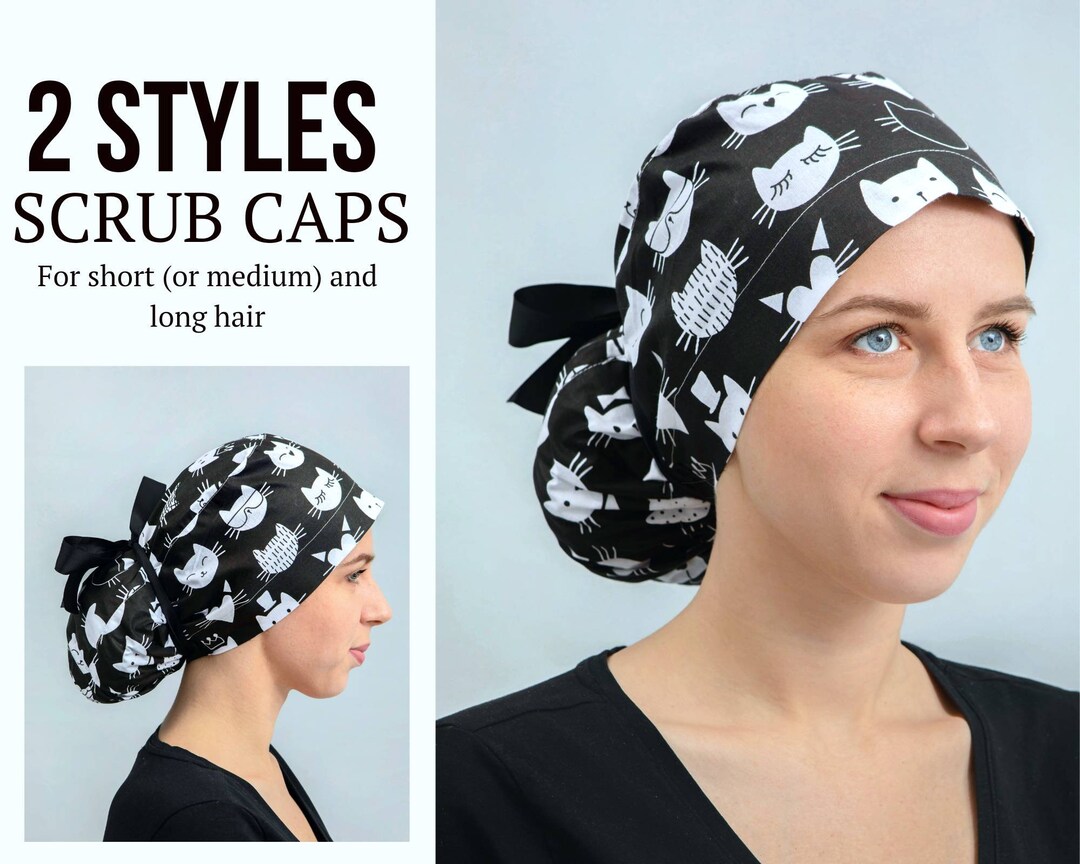 Ponytail Scrub Cap, Black Scrub Caps for Women, Cat Scrub Cap, Funny ...