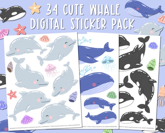 34 Cute Whale Digital Sticker Pack Humpback Whale and Dolphin - Etsy