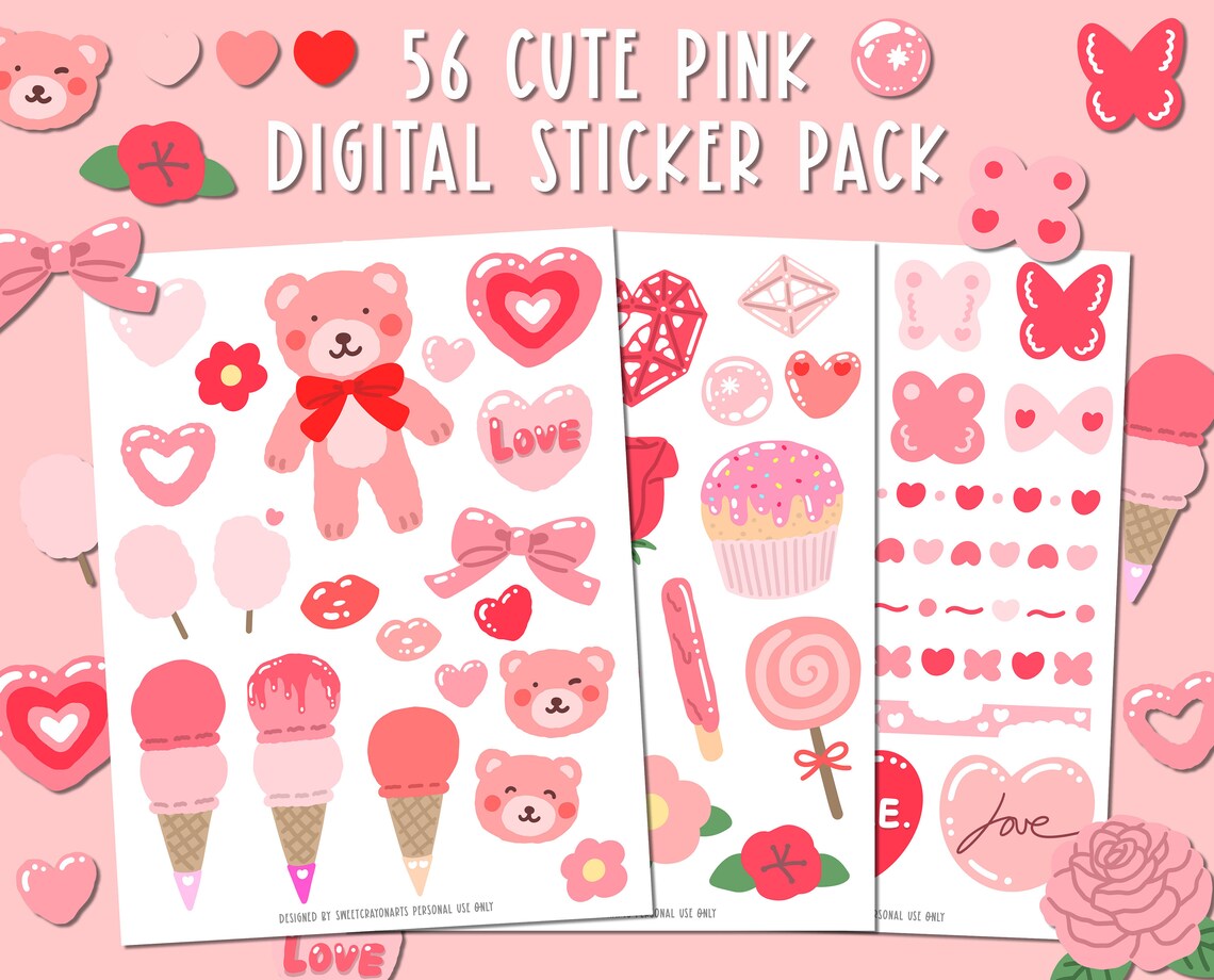 56 Cute Pink Digital Sticker Pack, Goodnotes Stickers, Printable ...
