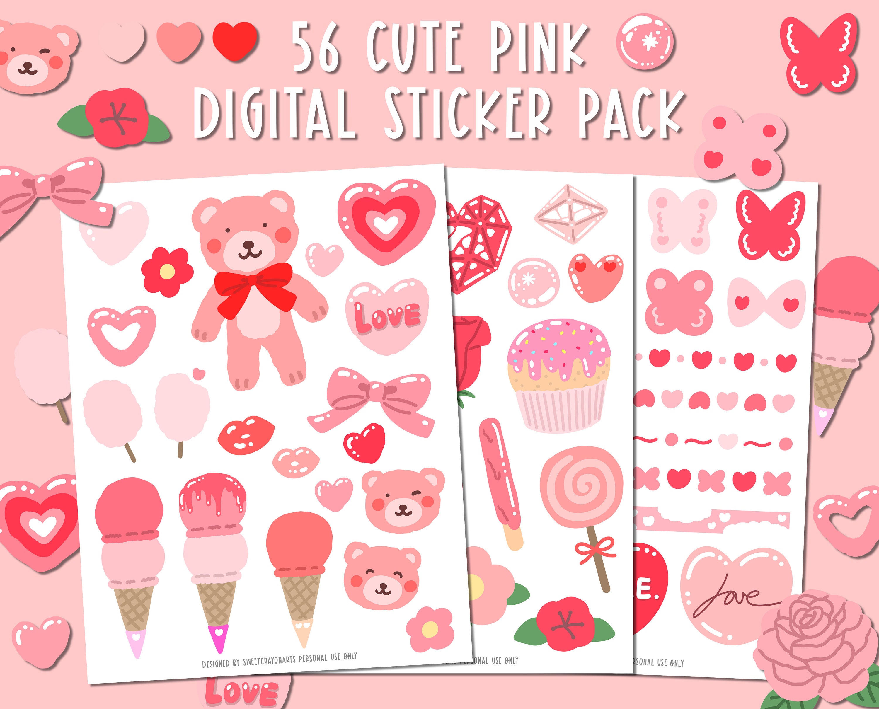 56 Cute Pink Digital Sticker Pack, Goodnotes Stickers, Printable ...