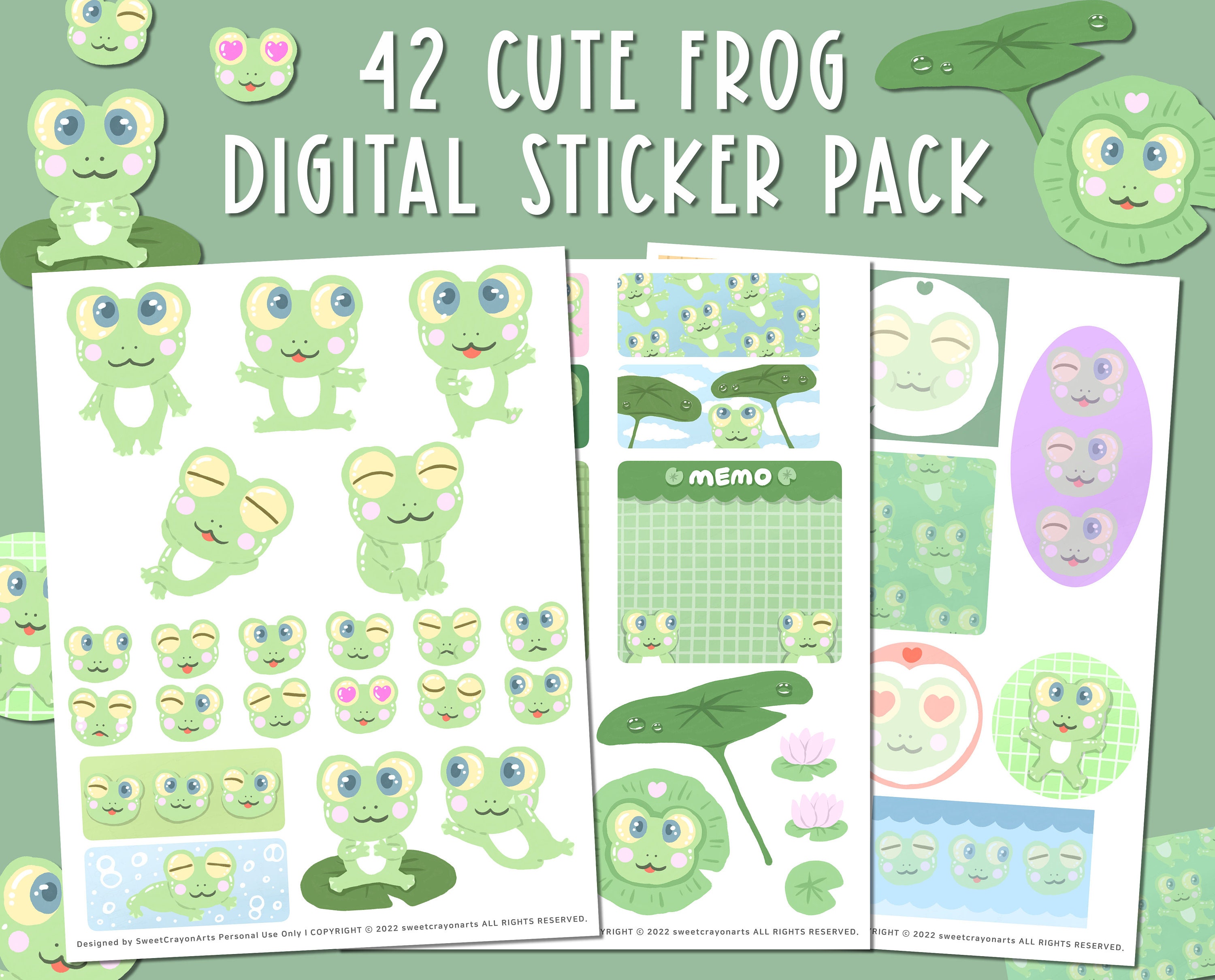 42 Cute Frog Digital Sticker Pack, Green Frog Printable Stickers ...
