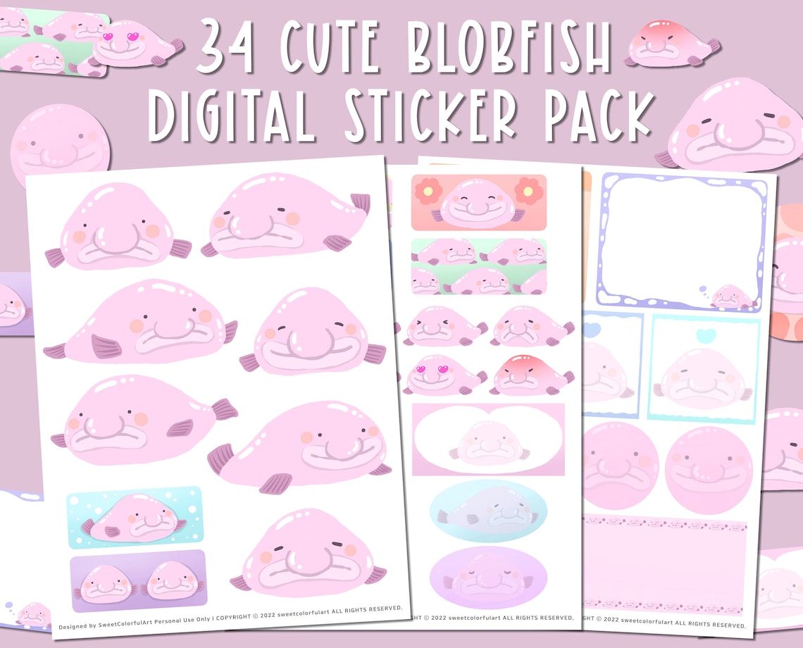 34 Cute Blobfish Digital Sticker Pack Pink Blob Fish - Etsy