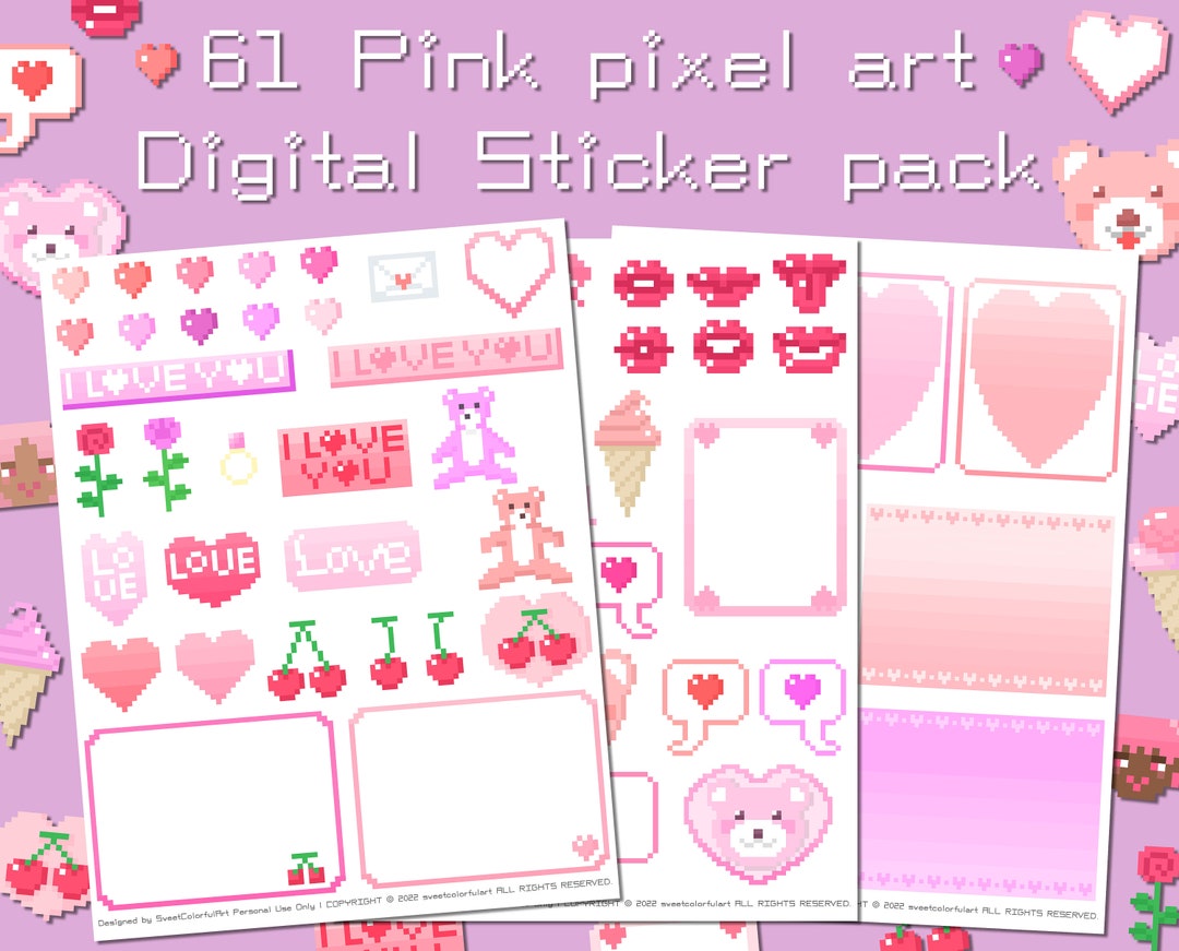61 Pink Pixel Art Digital Sticker Pack, Cute Pixel Art Sticker Pack ...