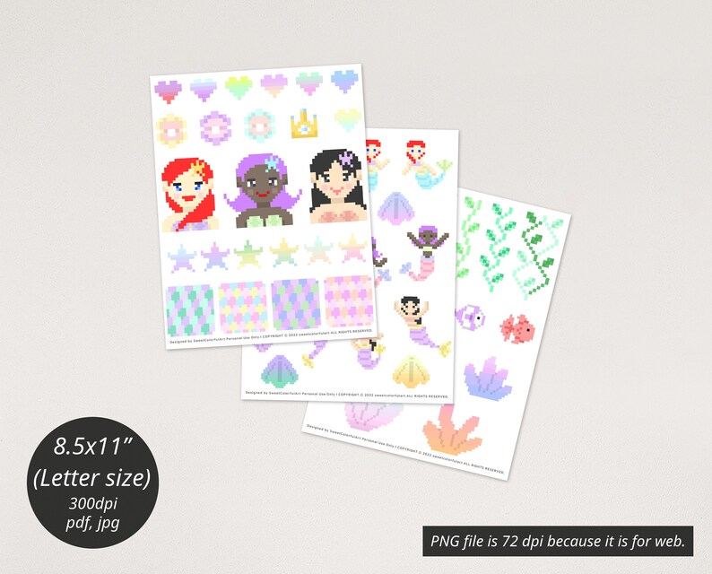 54 Mermaid Pixel Art Digital Sticker Pack Printable Stickers - Etsy