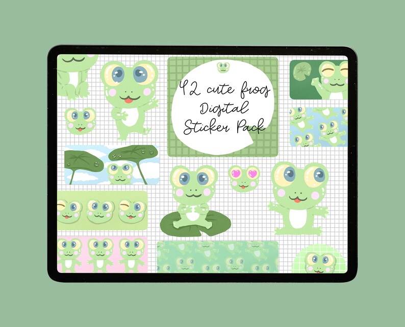 42 Cute Frog Digital Sticker Pack, Green Frog Printable Stickers ...