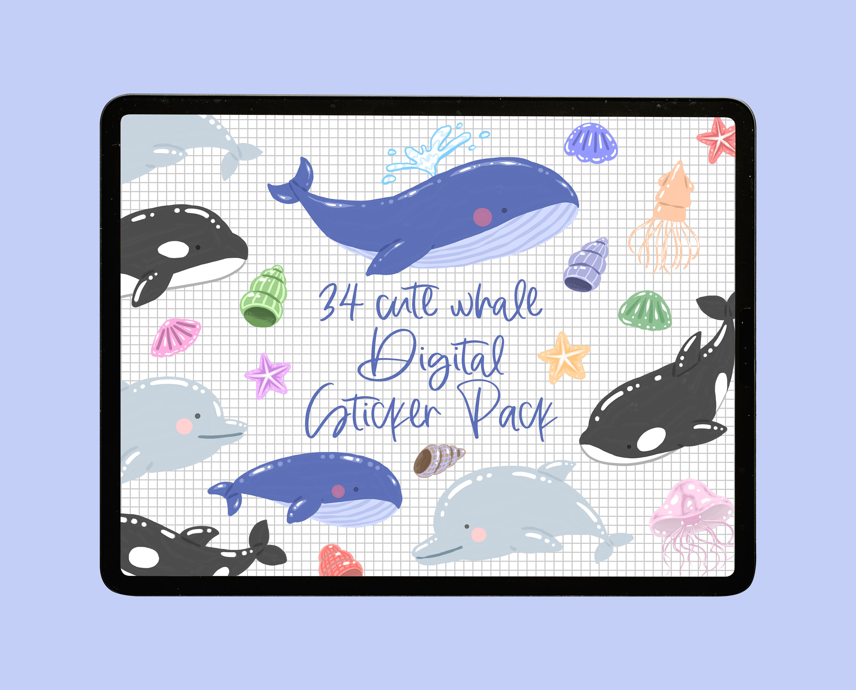 34 Cute Whale Digital Sticker Pack, Humpback Whale and Dolphin ...