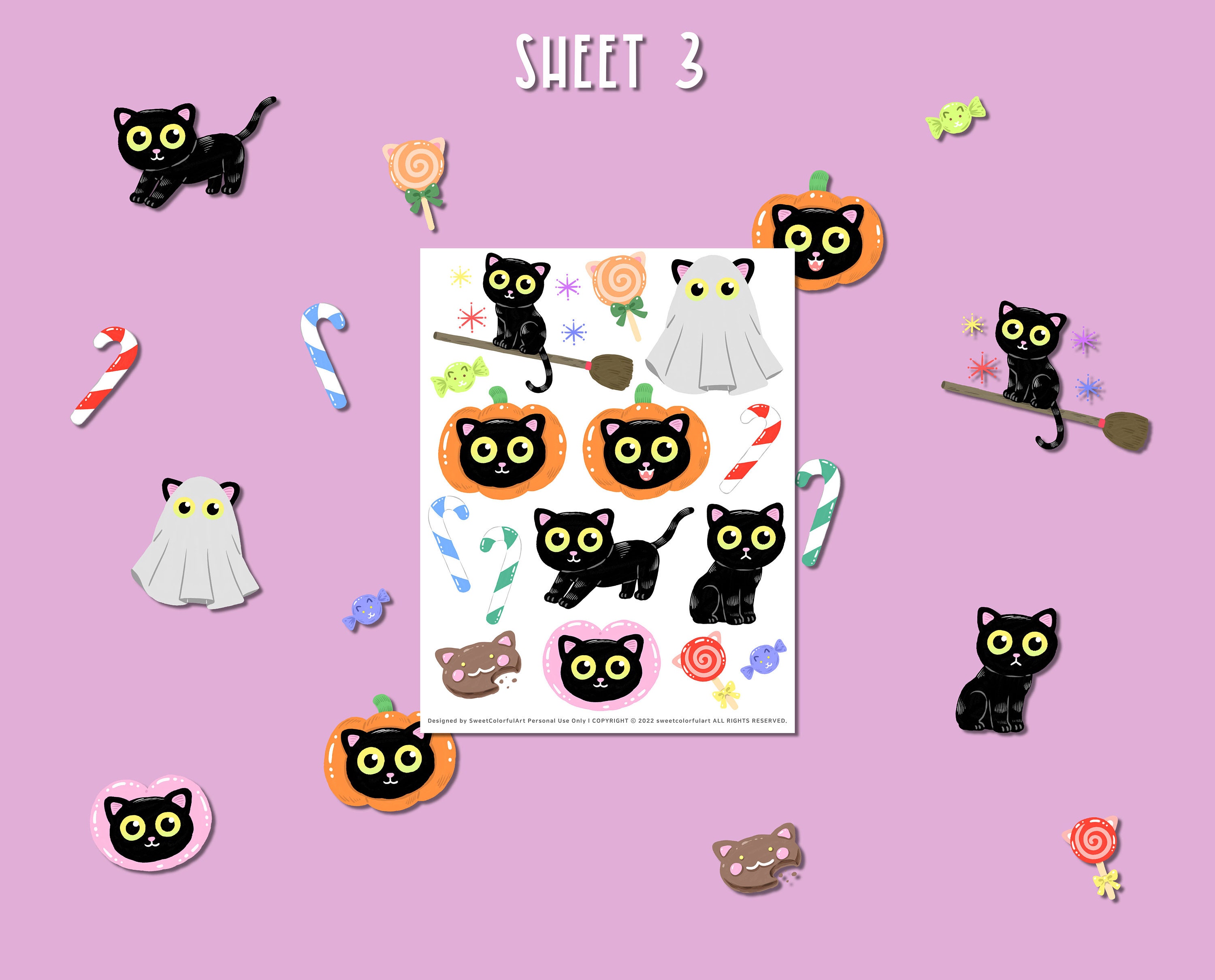 45 Black Cat Halloween Digital Sticker Pack, Cute Black Cat Printable ...