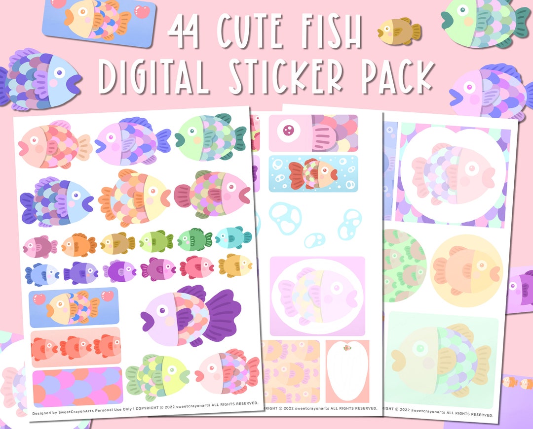 44 Cute Fish Digital Sticker Pack, Colorful Fish Printable Stickers ...