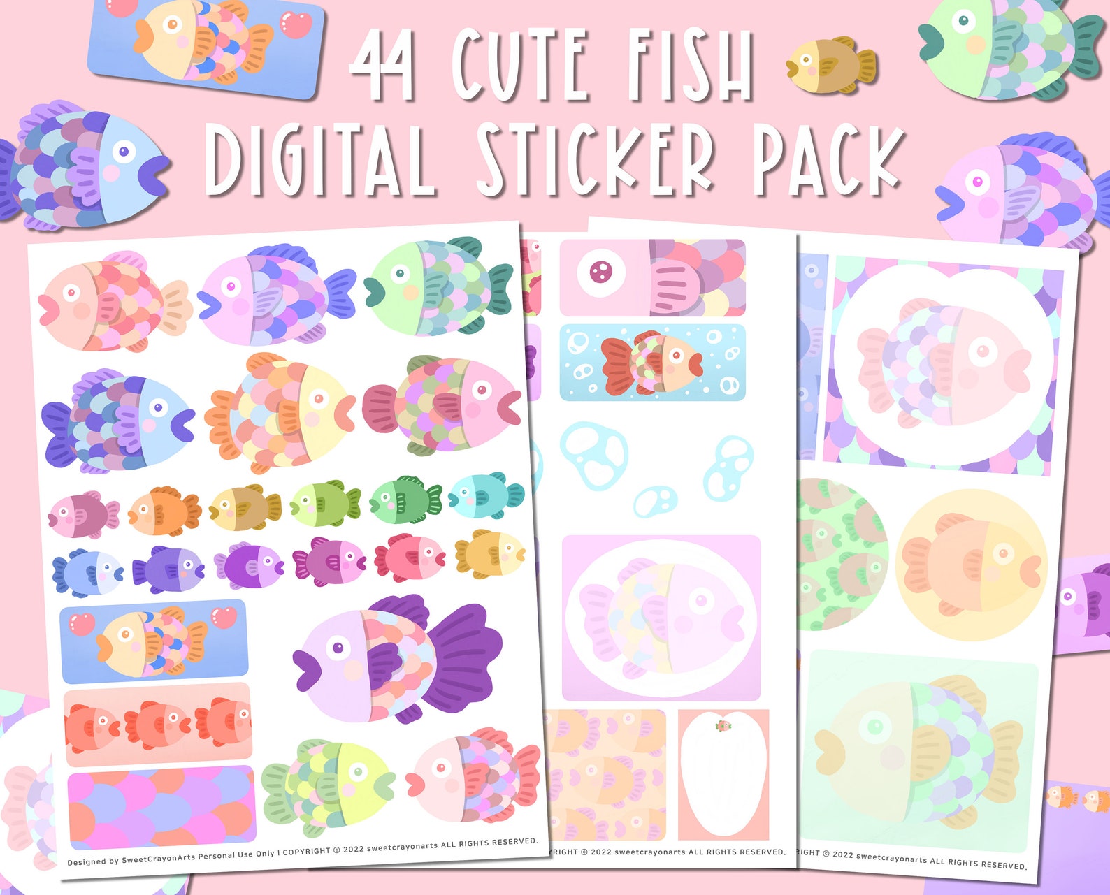 44 Cute Fish Digital Sticker Pack, Colorful Fish Printable Stickers ...