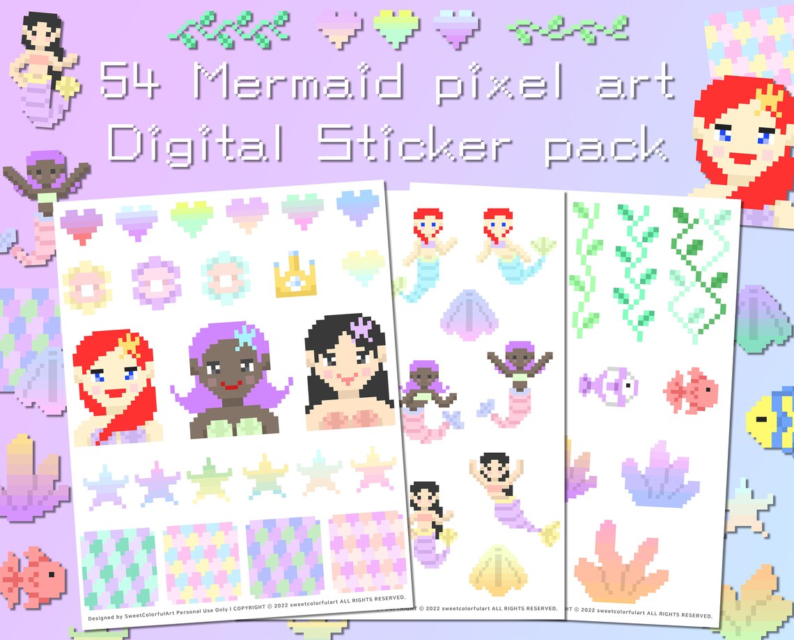 54 Mermaid Pixel Art Digital Sticker Pack Printable Stickers - Etsy