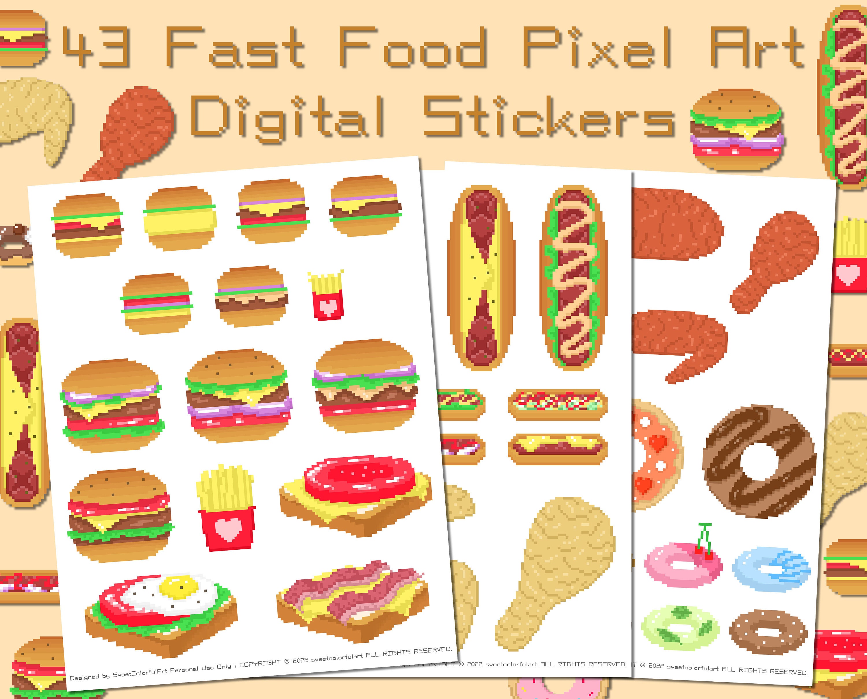 43 Cute Fast Food Pixel Art Digital Stickers Hamburger - Etsy