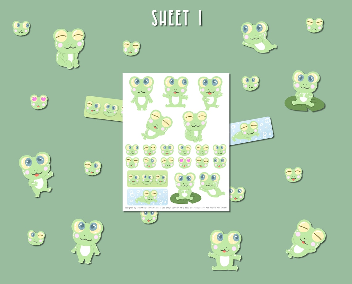 42 Cute Frog Digital Sticker Pack, Green Frog Printable Stickers ...