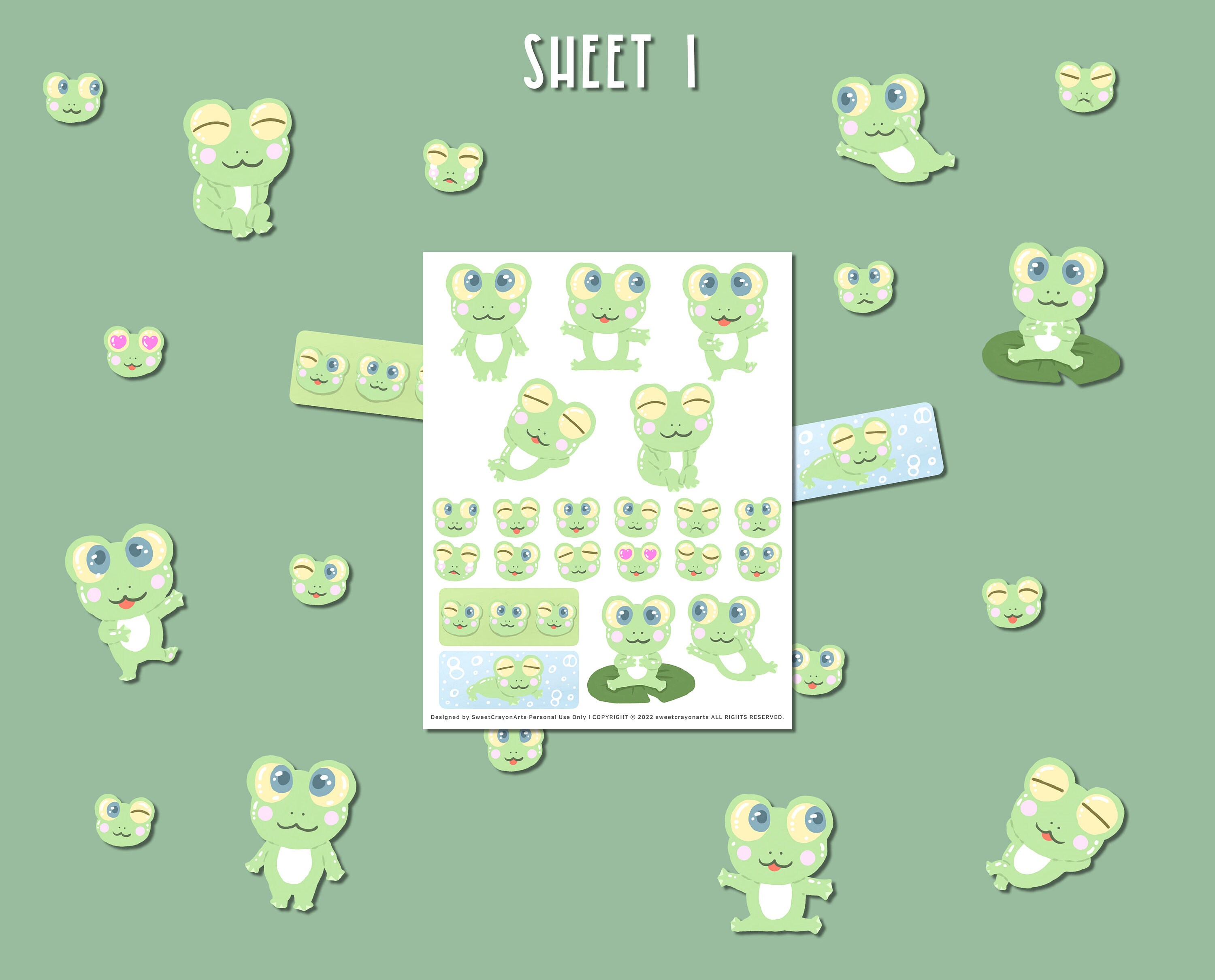 42 Cute Frog Digital Sticker Pack, Green Frog Printable Stickers ...