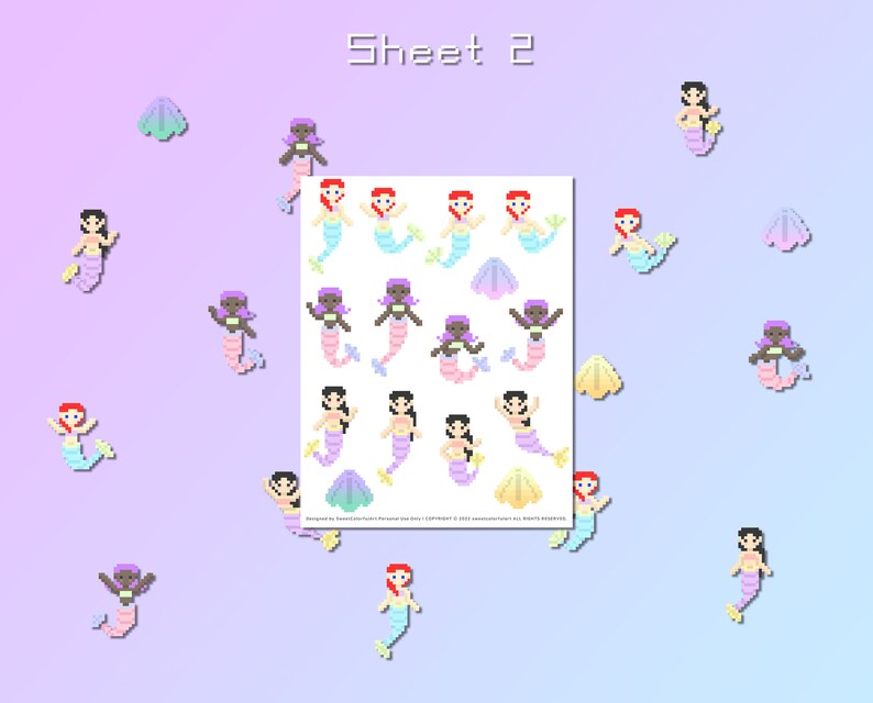 54 Mermaid Pixel Art Digital Sticker Pack Printable Stickers - Etsy