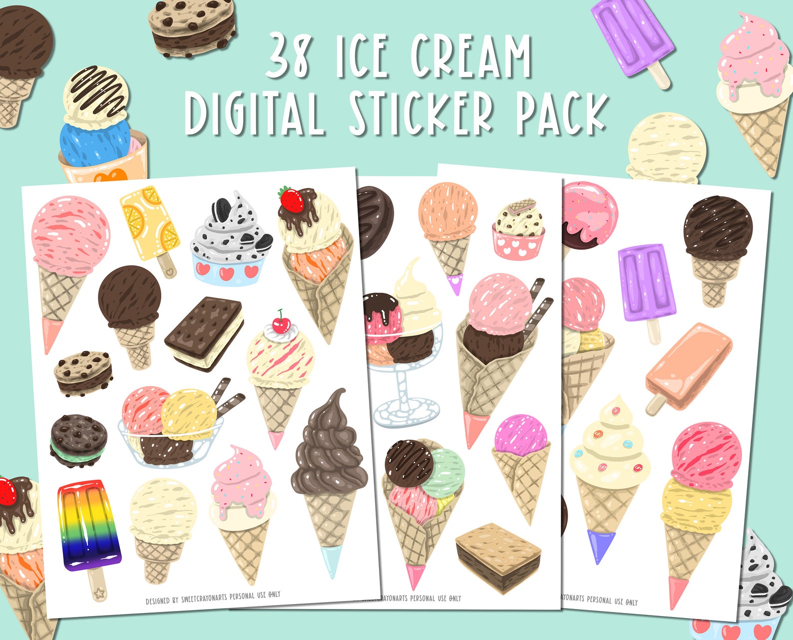 38 Ice Cream Digital Sticker Pack Printable Decorative | Etsy