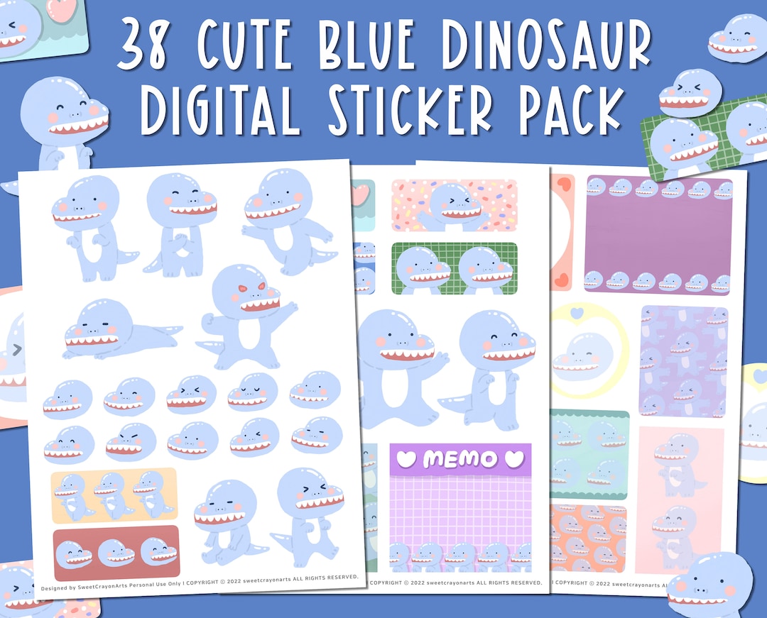38 Cute Blue Dinosaur Digital Sticker Pack, Cute Dinosaur Printable ...