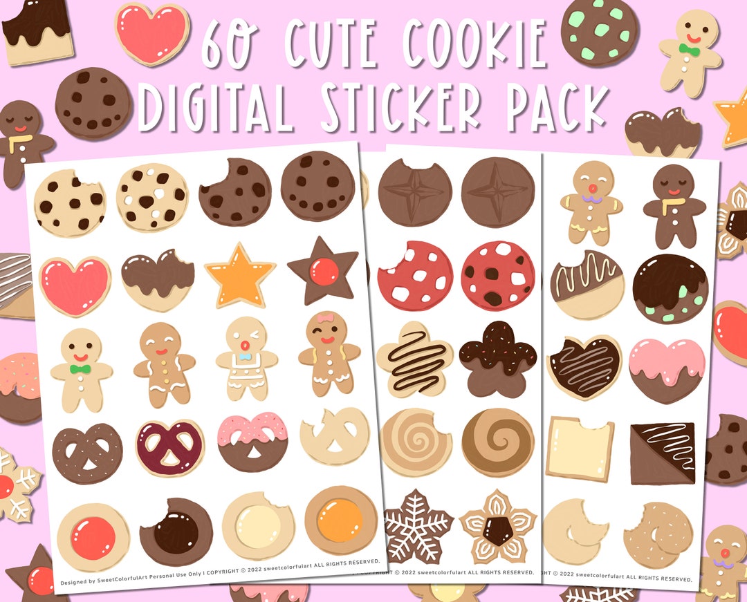 60 Cute Cookie Digital Sticker Pack, Cookie Printable Stickers ...