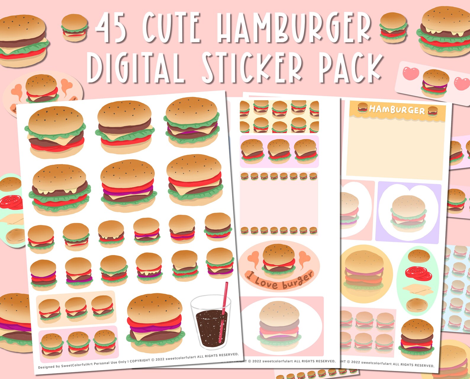 45 Cute Hamburger Digital Sticker Pack, Hamburger Printable Stickers ...