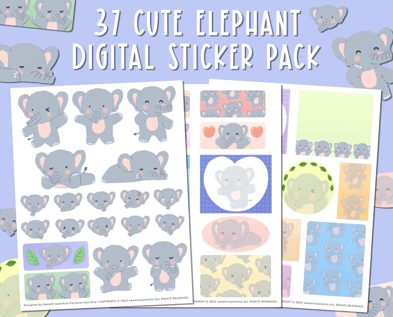 37 Cute Elephant Digital Sticker Pack Baby Elephant Printable | Etsy
