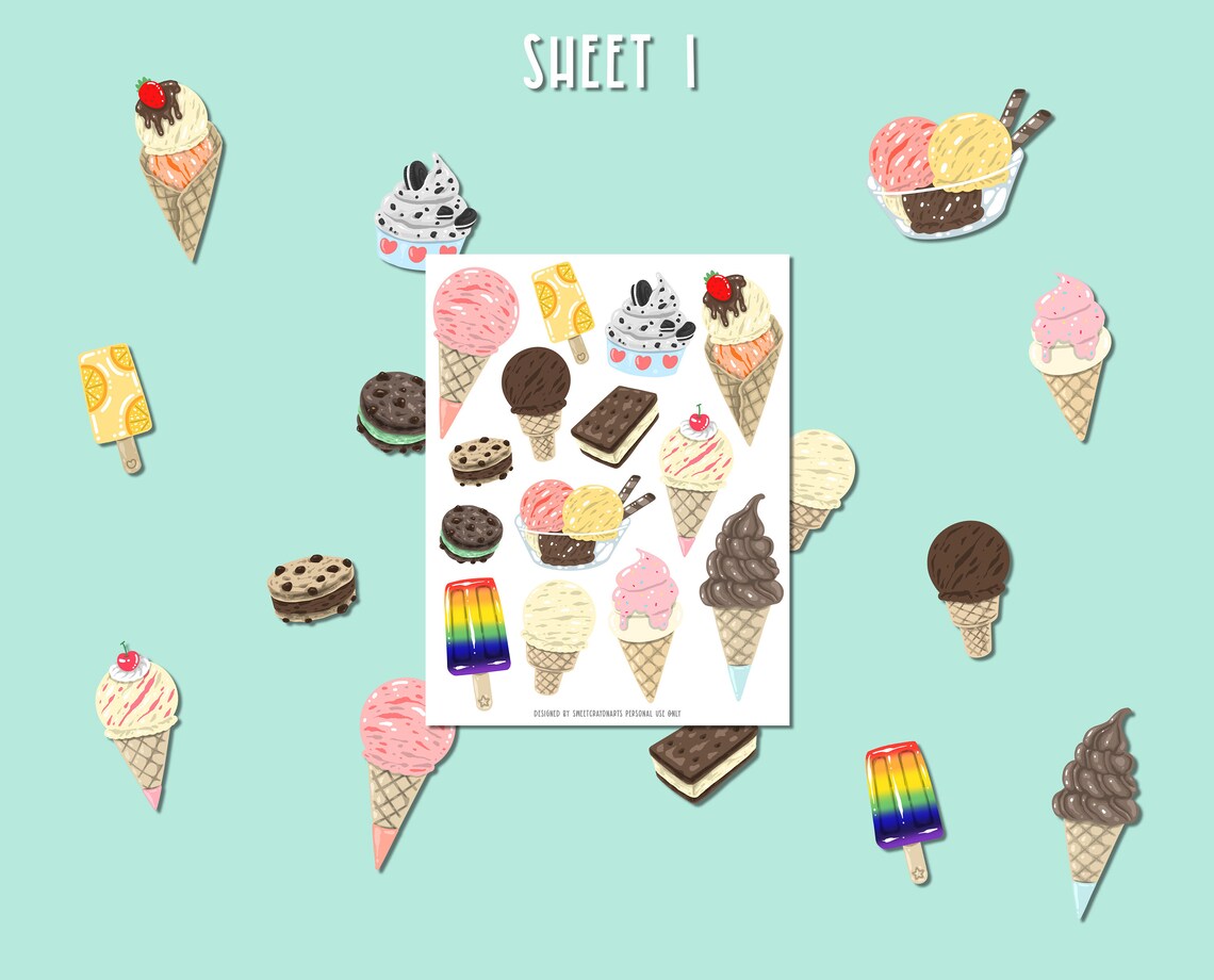 38 Ice Cream Digital Sticker Pack Printable Decorative | Etsy