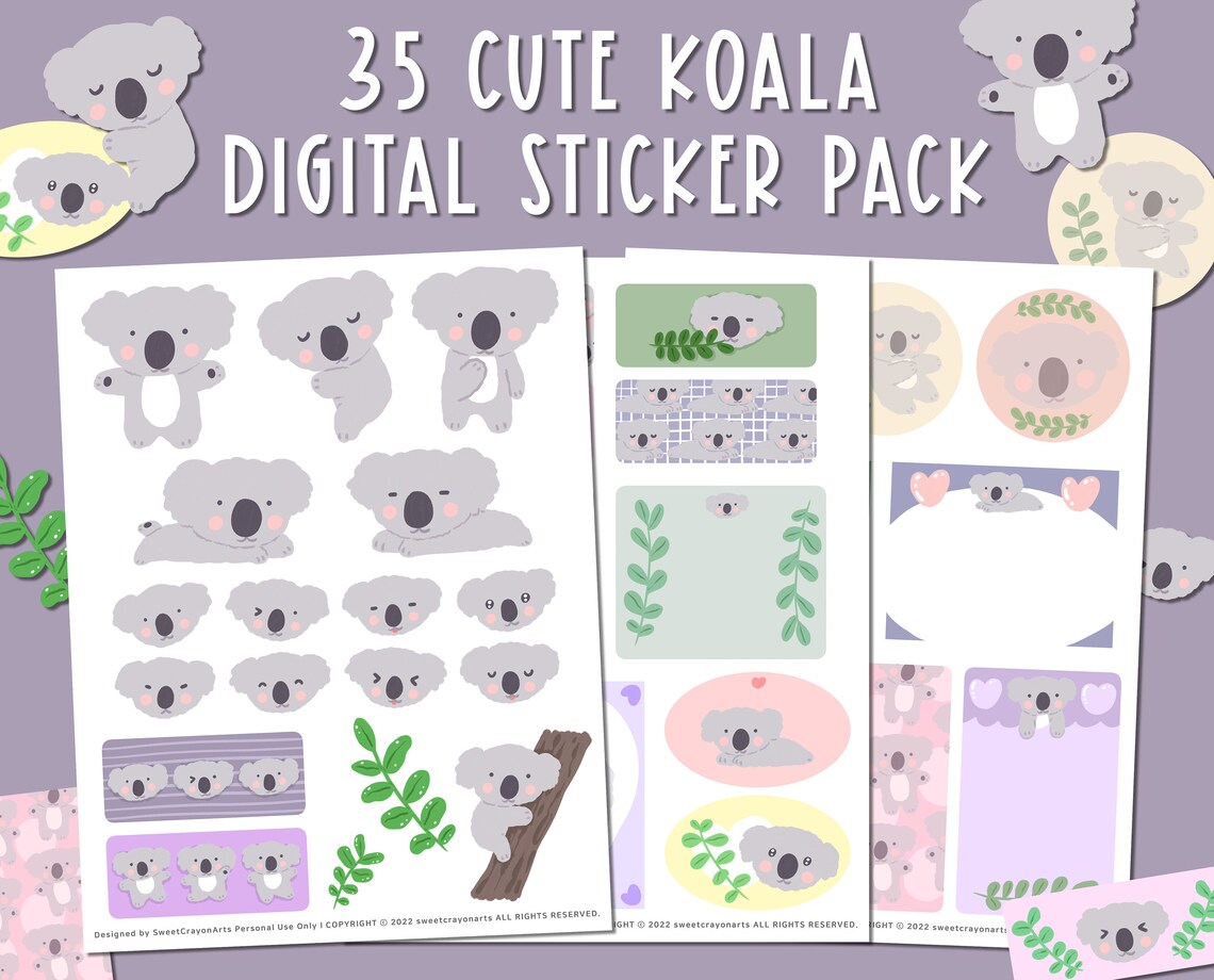 35 Cute Koala Digital Sticker Pack, Cute Koala Printable Stickers ...