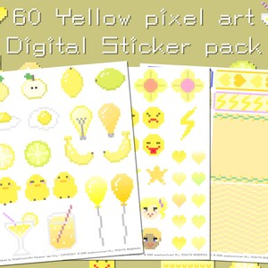 60 Yellow Pixel Art Digital Sticker Pack Cute Pixel Art - Etsy