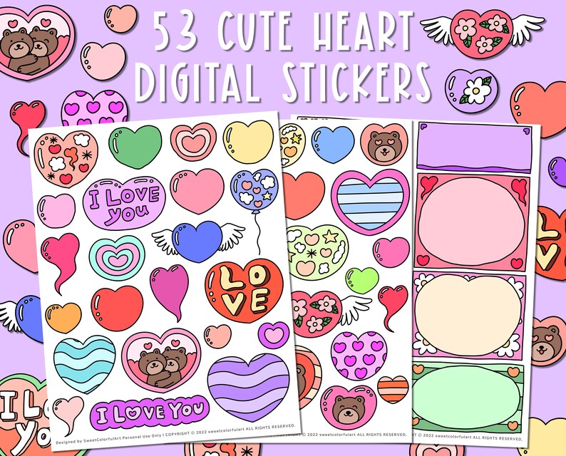 53 Cute Heart Digital Stickers Heart Shape Printable - Etsy
