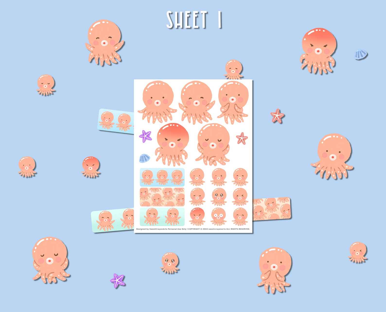 37 Cute Octopus Digital Sticker Pack, Cute Octopus Printable Stickers ...