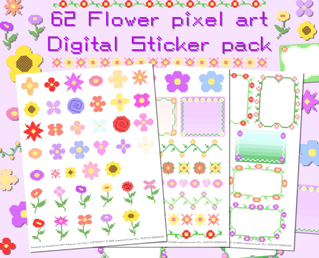 62 Flower Pixel Art Digital Sticker Pack, Cute Pixel Art Sticker Pack ...