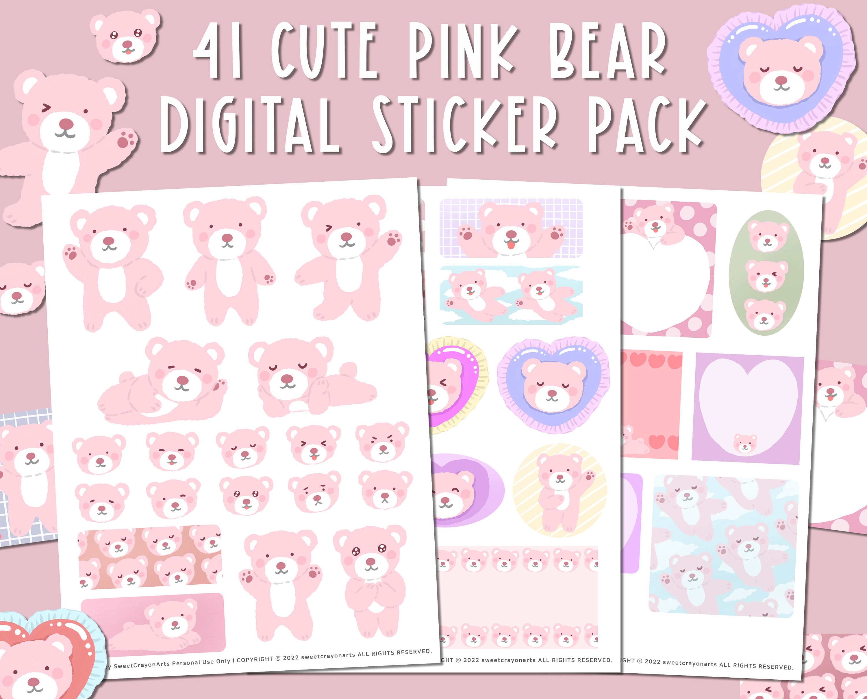 41 Cute Pink Bear Digital Sticker Pack, Cute Bear Printable Stickers ...