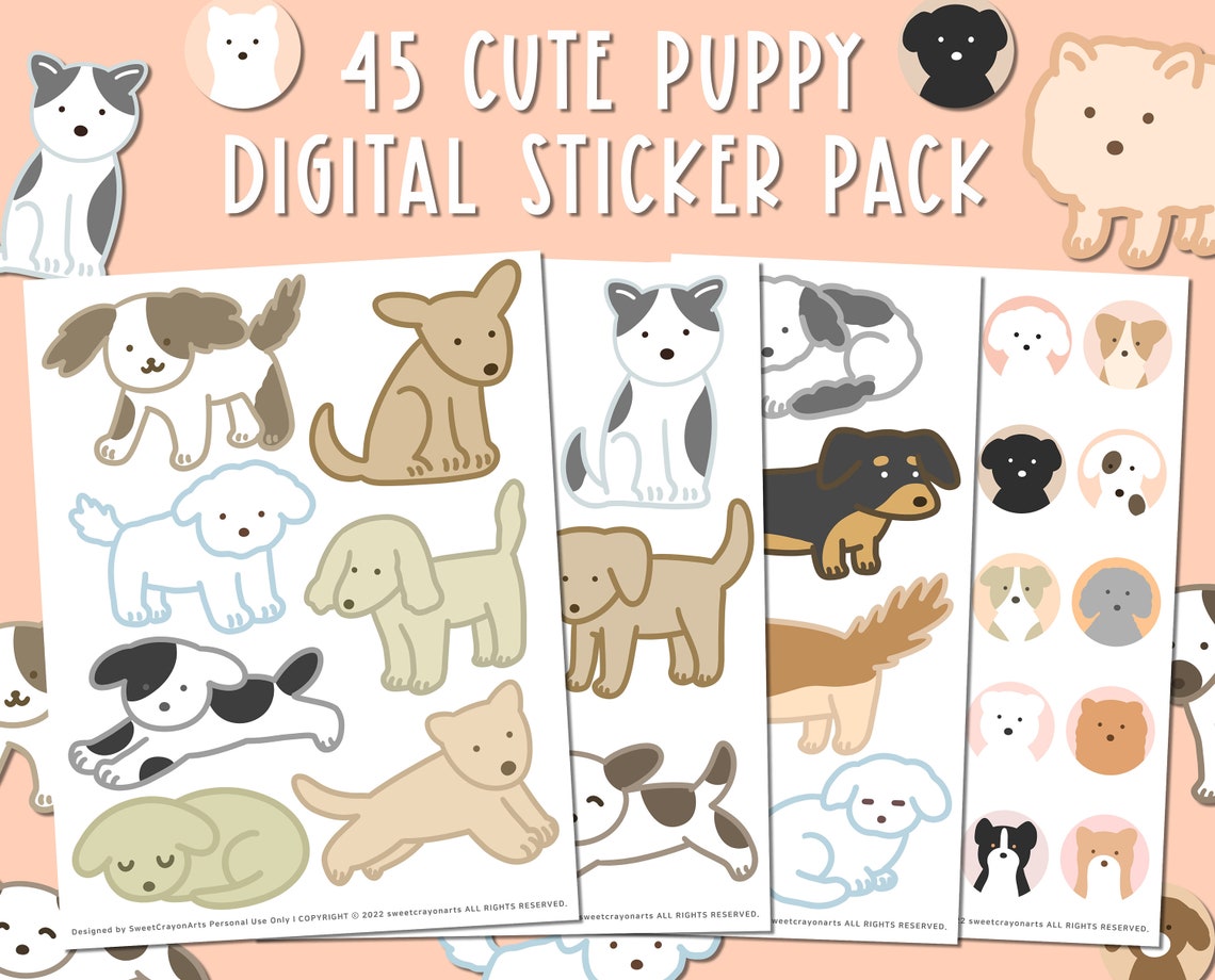 45 Cute Puppy Digital Sticker Pack, Dog Printable Stickers, Cute ...