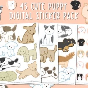 45 Cute Puppy Digital Sticker Pack, Dog Printable Stickers, Cute ...