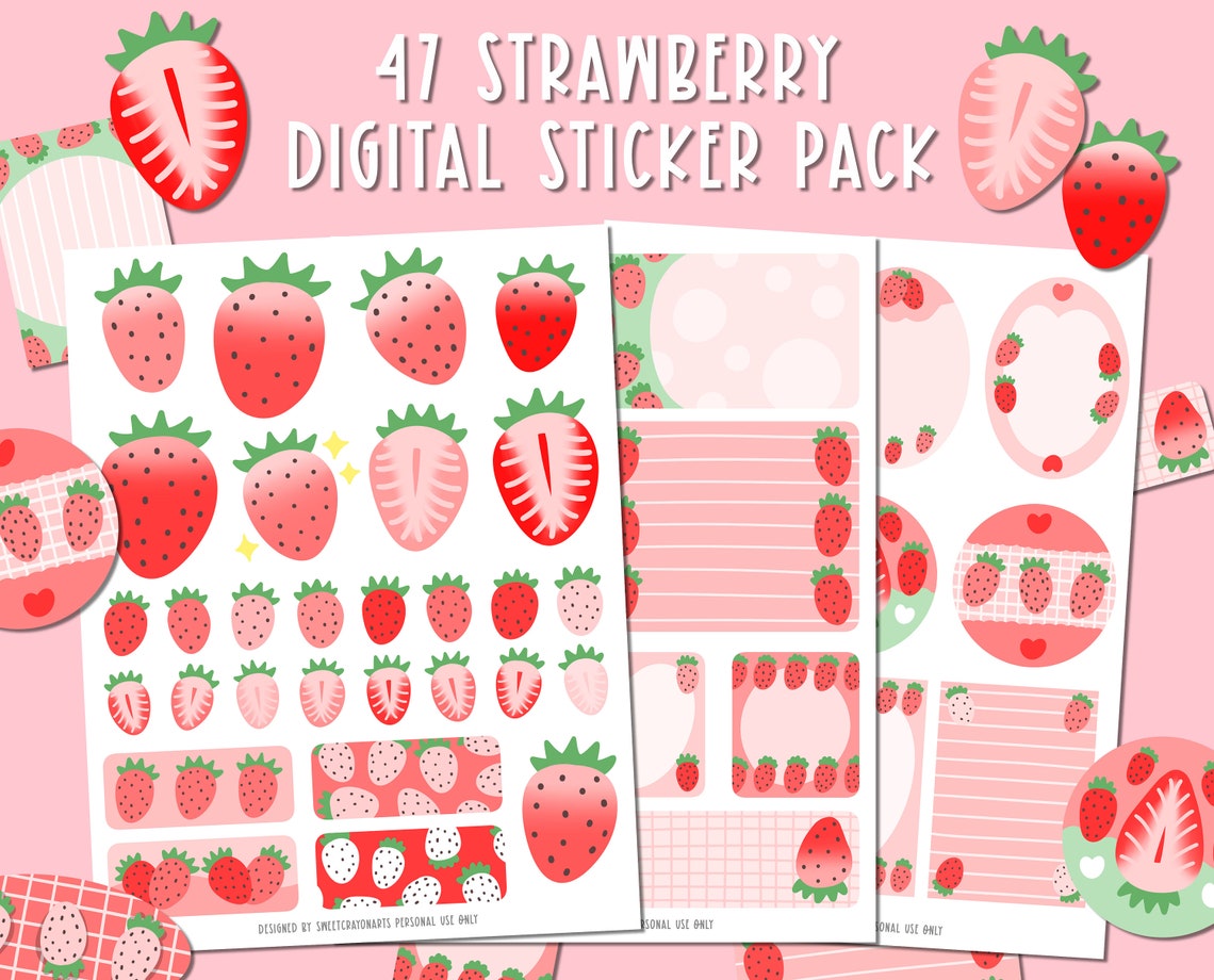 47 Strawberry Digital Sticker Pack Cute Strawberry Printable | Etsy