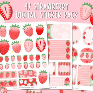47 Strawberry Digital Sticker Pack, Cute Strawberry Printable Stickers ...