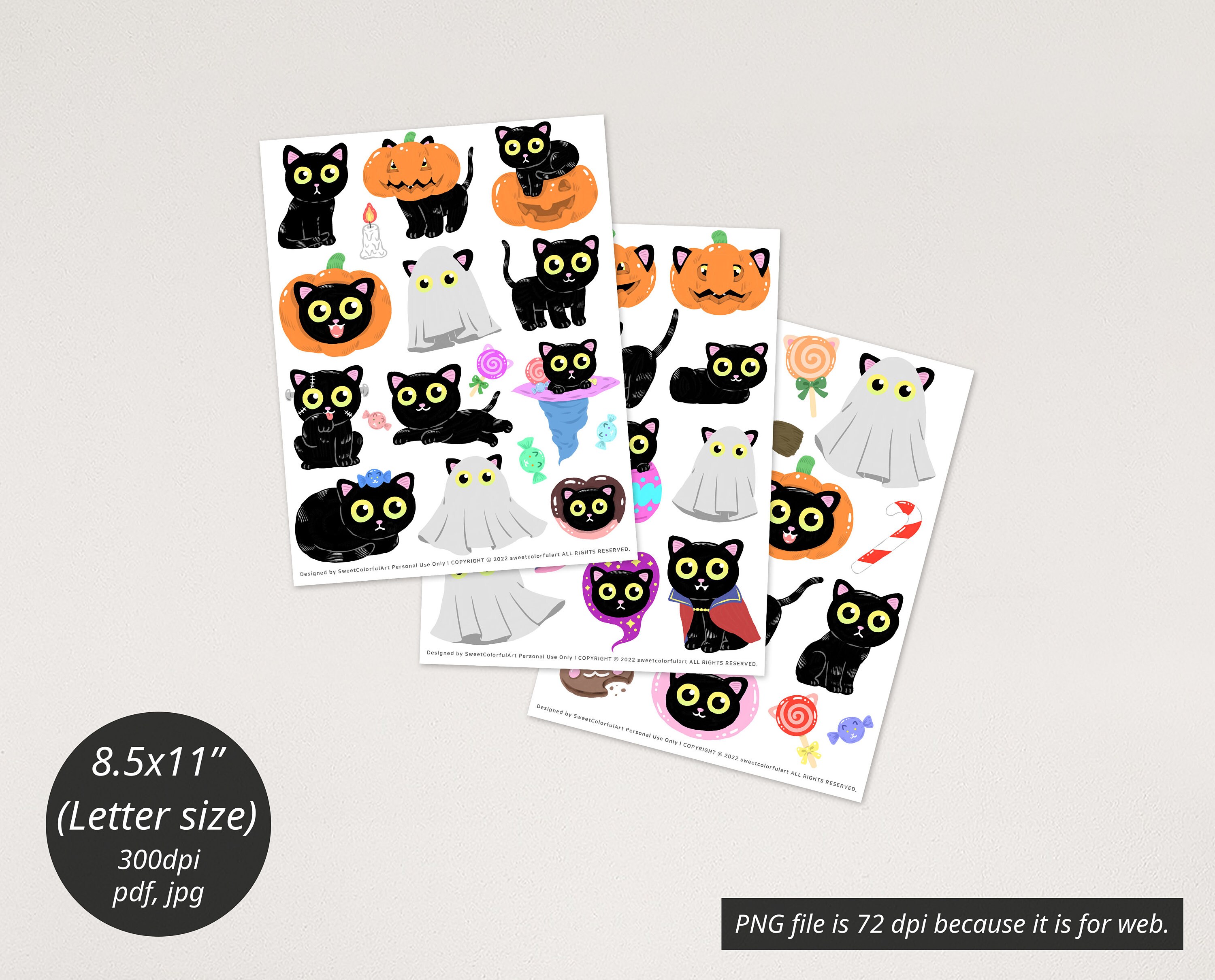 45 Black Cat Halloween Digital Sticker Pack, Cute Black Cat Printable ...