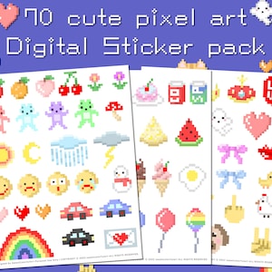 70 Cute Pixel Art Digital Sticker Pack, Printable Pixel Art Stickers ...