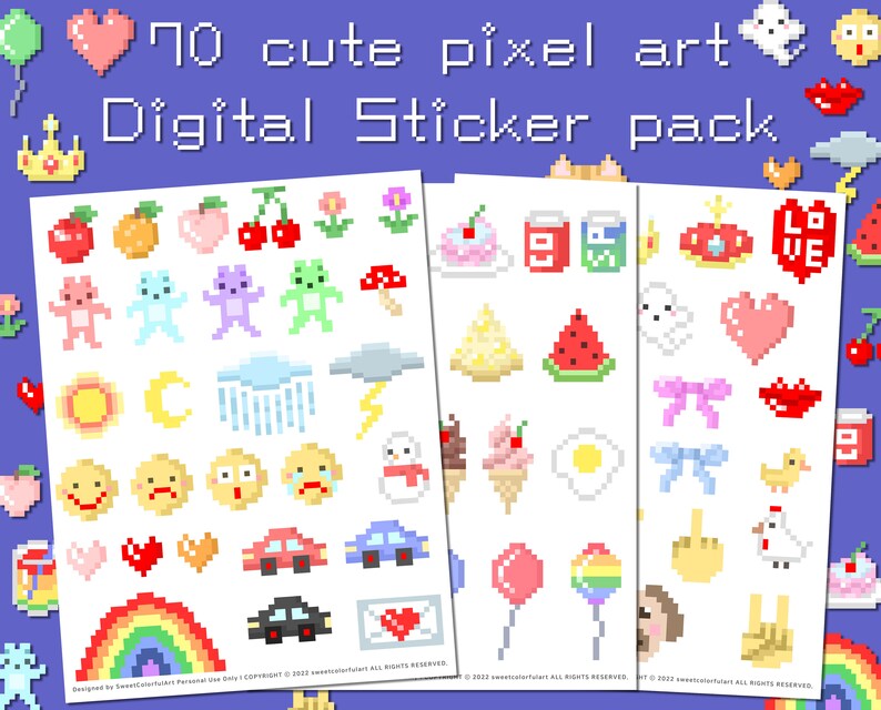 70 Cute Pixel Art Digital Sticker Pack Printable Pixel Art - Etsy