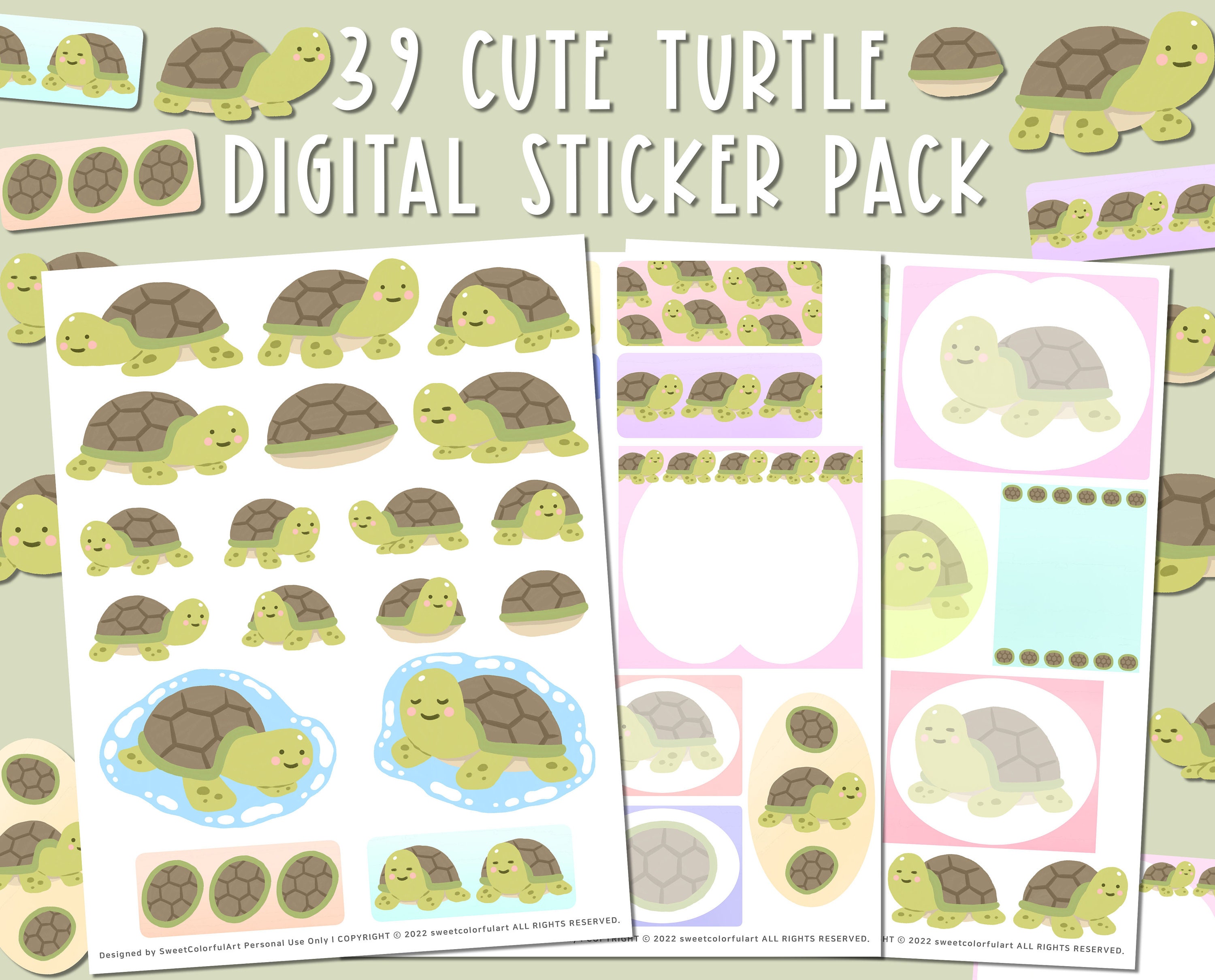 39 Cute Turtle Digital Sticker Pack Cute Turtle Printable - Etsy