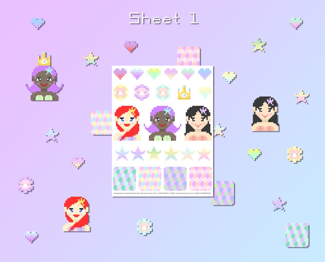 54 Mermaid Pixel Art Digital Sticker Pack Printable Stickers - Etsy