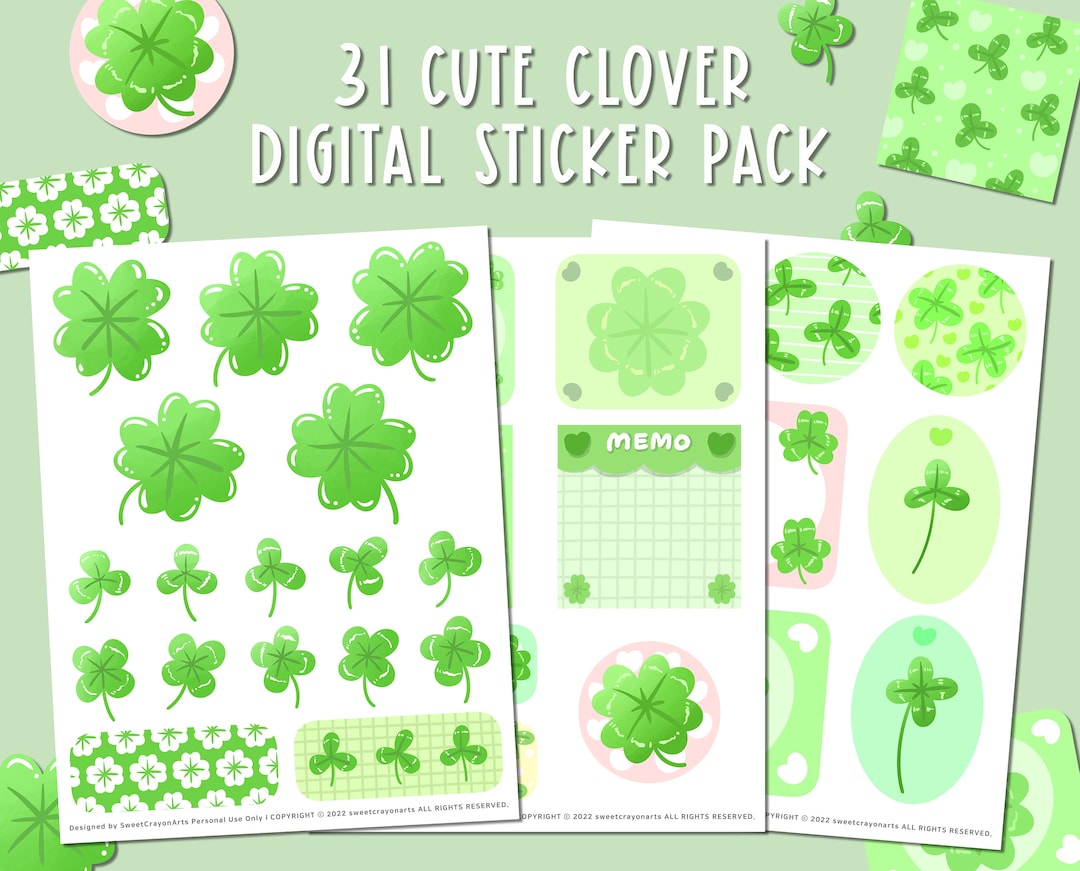 31 Cute Clover Digital Sticker Pack, Printable Four Leaf Clover ...