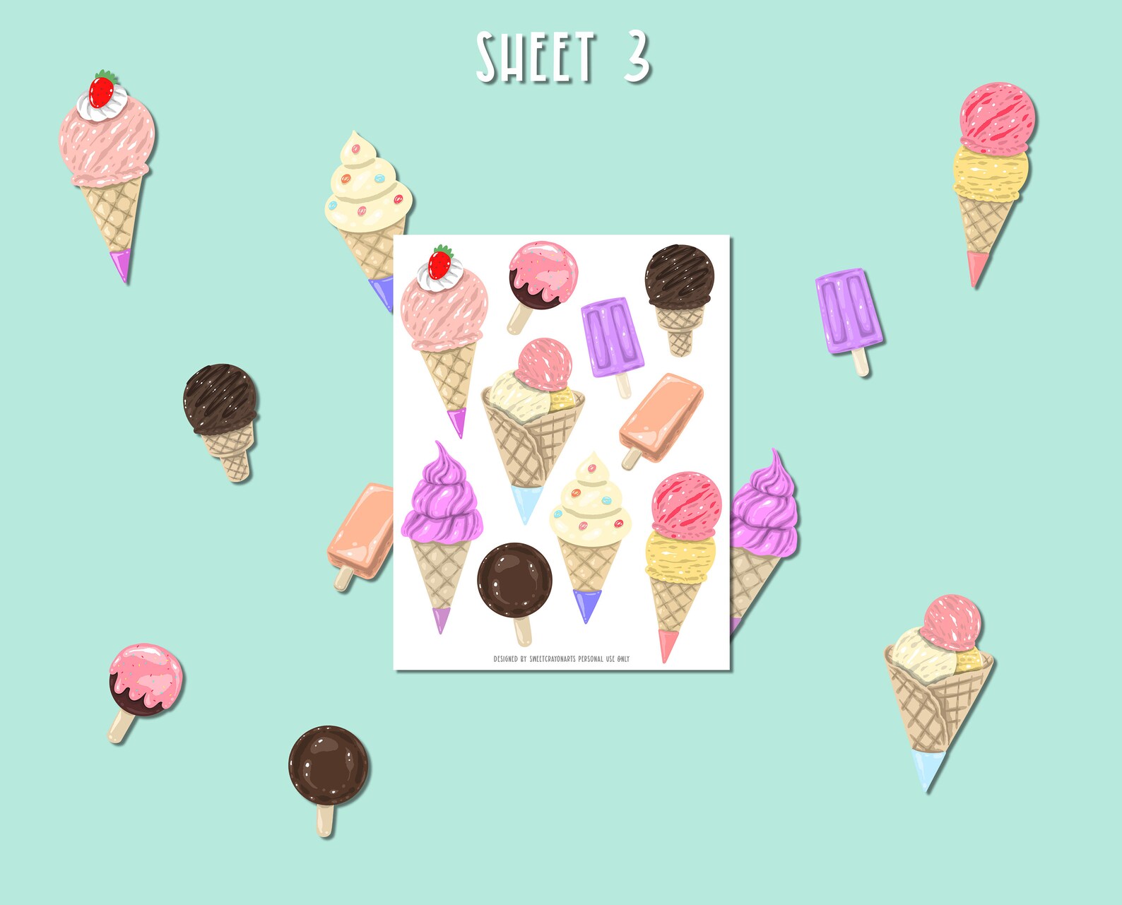 38 Ice Cream Digital Sticker Pack Printable Decorative | Etsy