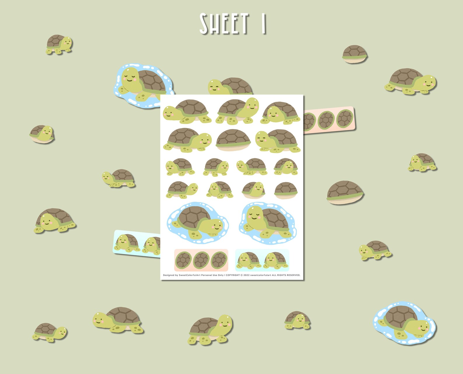 39 Cute Turtle Digital Sticker Pack Cute Turtle Printable - Etsy