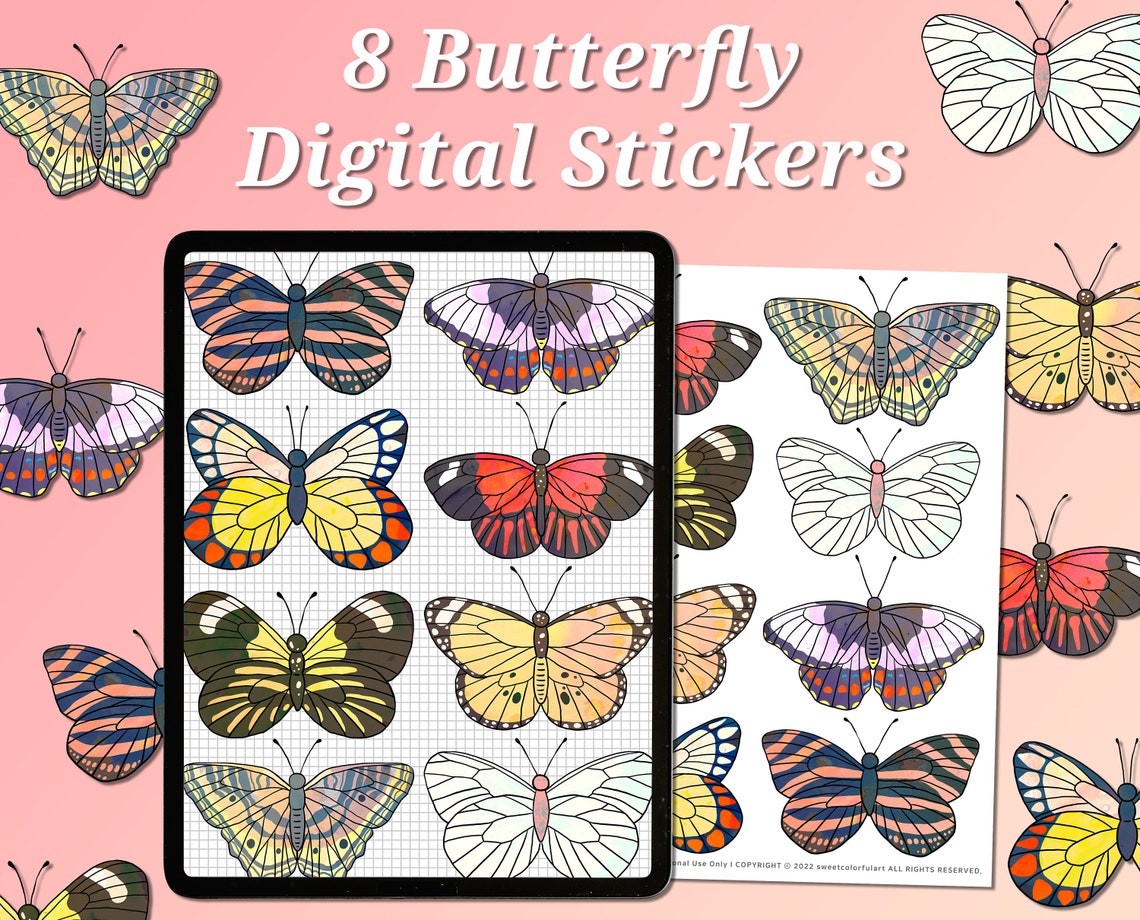 8 Butterfly Digital Stickers, Butterfly Printable Stickers, Goodnotes ...