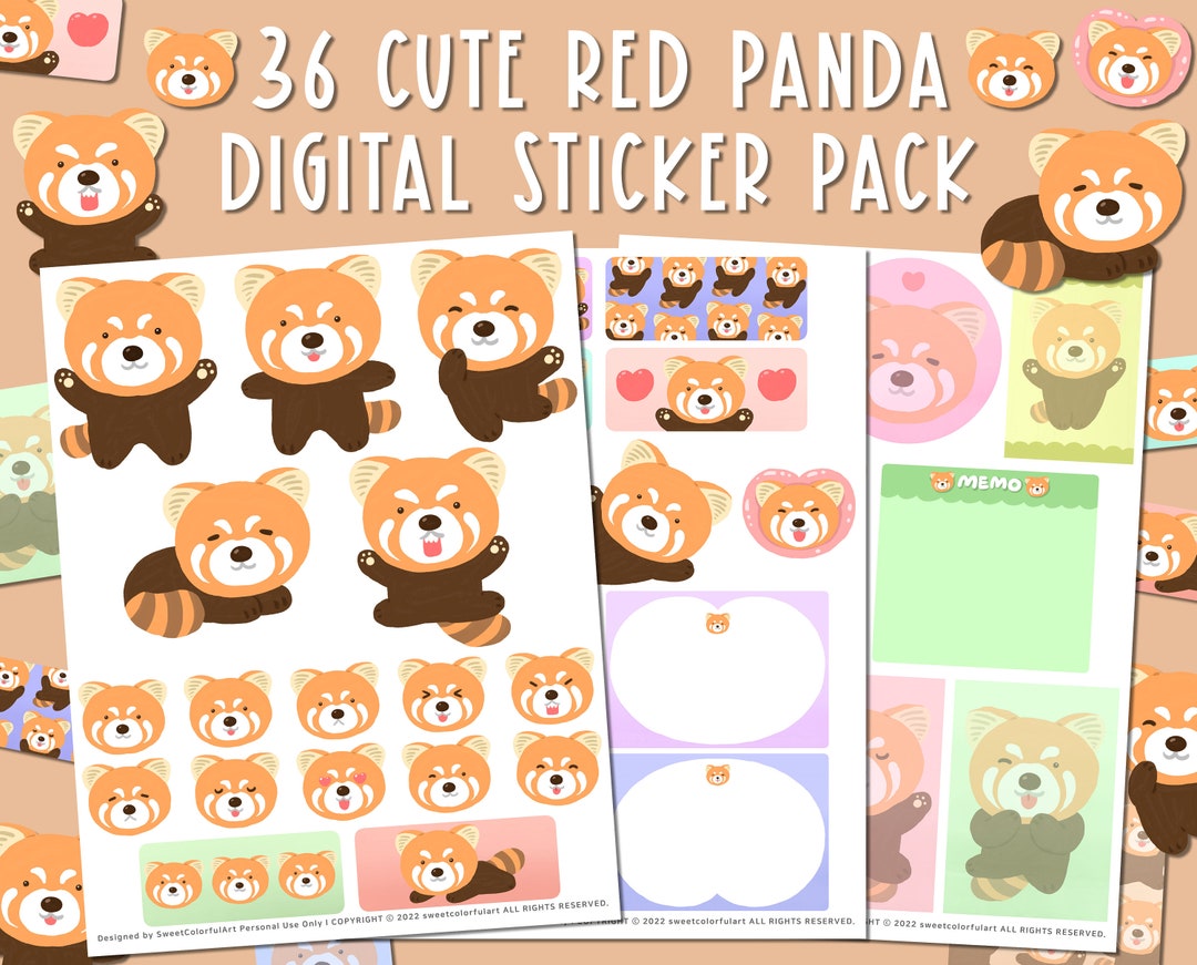 36 Cute Red Panda Digital Sticker Pack, Red Panda Printable Stickers ...