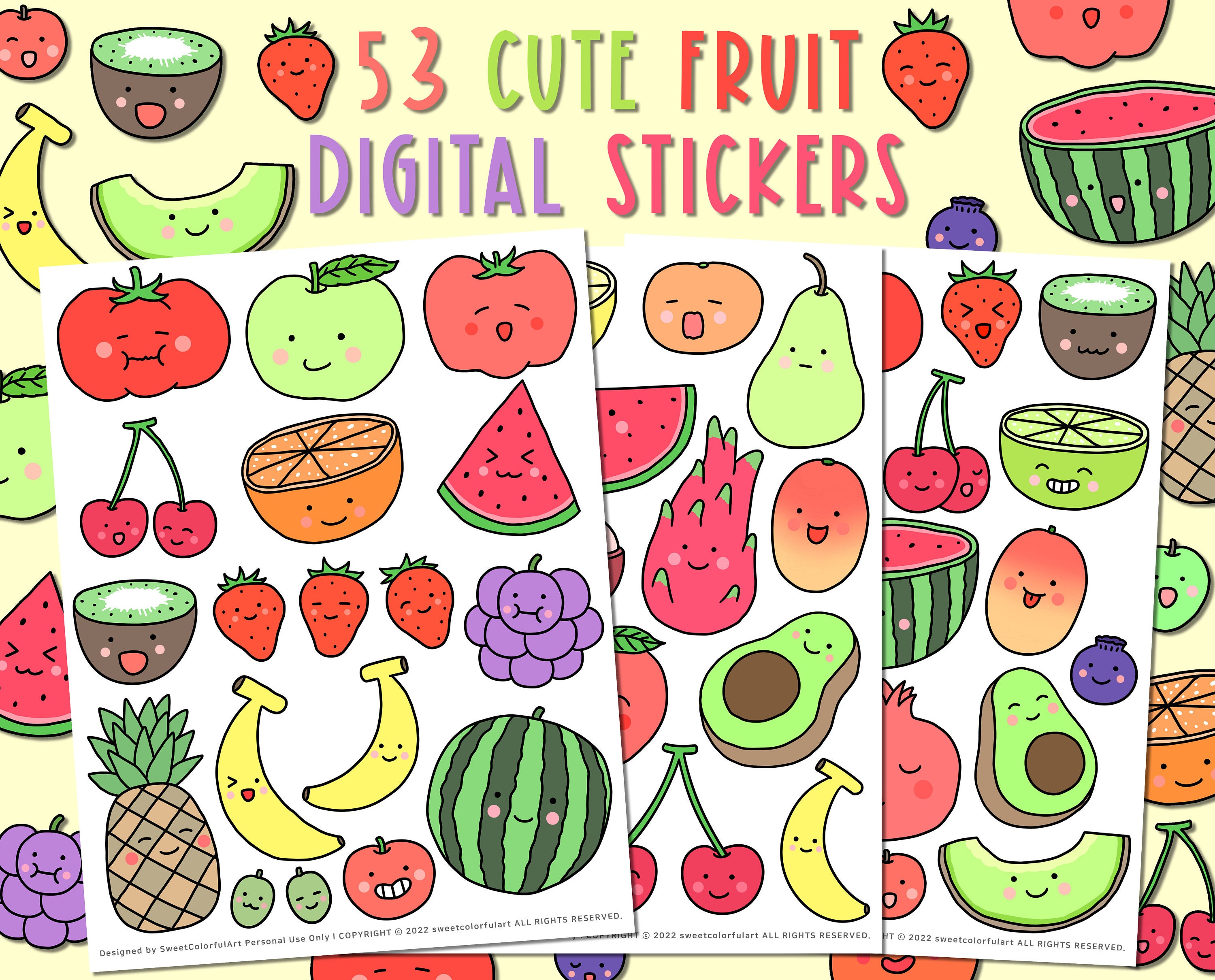 53 Cute Fruit Digital Stickers, Fruit Printable Sticker, Goodnotes ...
