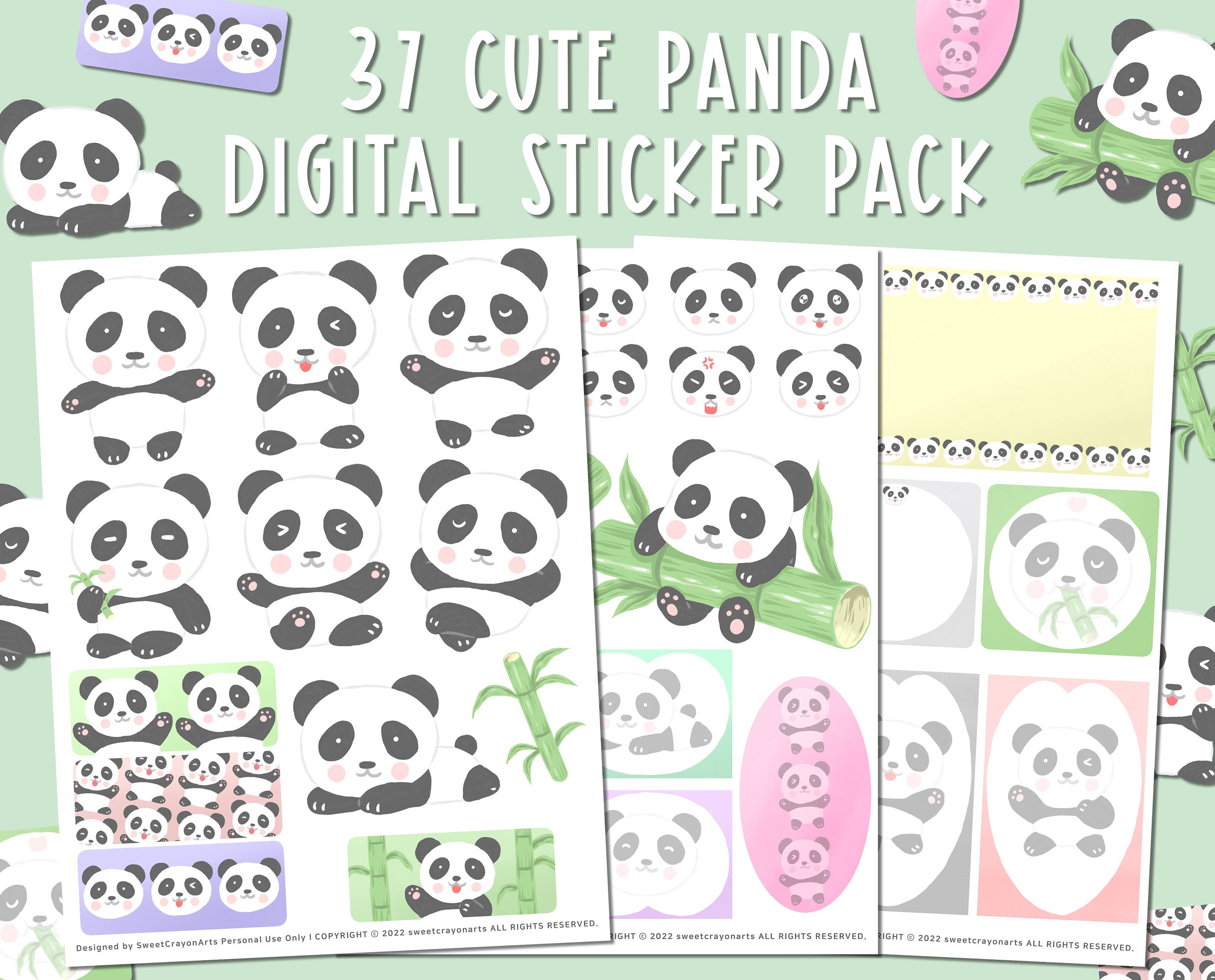 37 Cute Panda Digital Sticker Pack, Panda Printable Stickers, Aesthetic ...