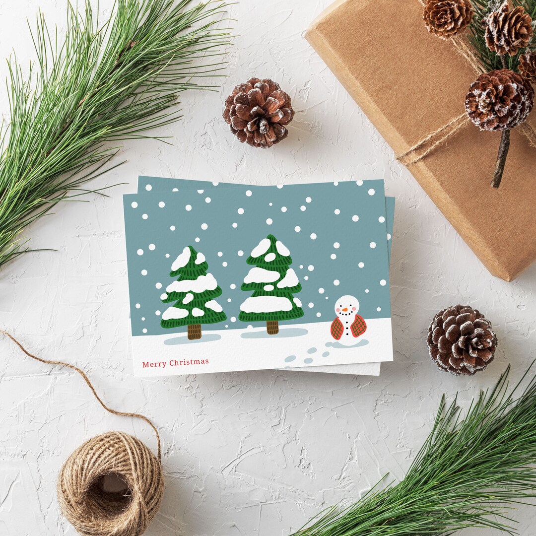Snowman Christmas Printable Card, Snow Scenery Card, Merry Christmas ...